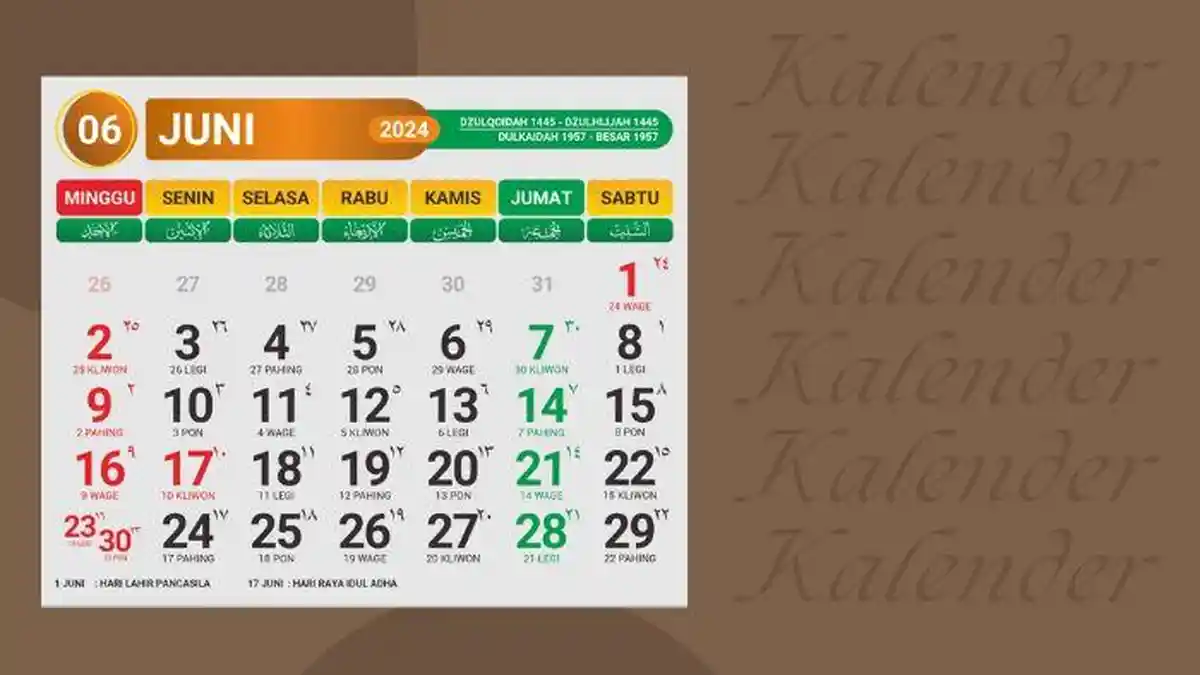 Kalender Juni 2024 Lengkap dengan Tanggal Merah, Libur Idul Adha dan 16 ...