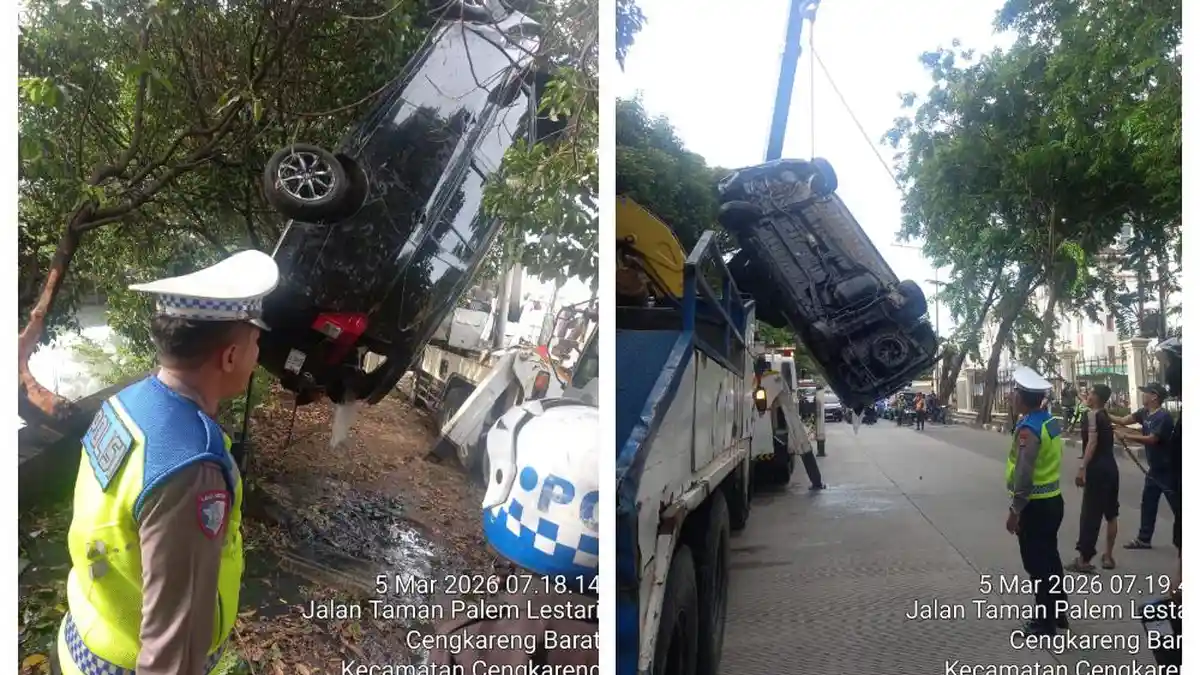 Kecelakaan Hari Ini di Cengkareng Jakbar, Mobil Hitam Nyemplung ke Kali ...