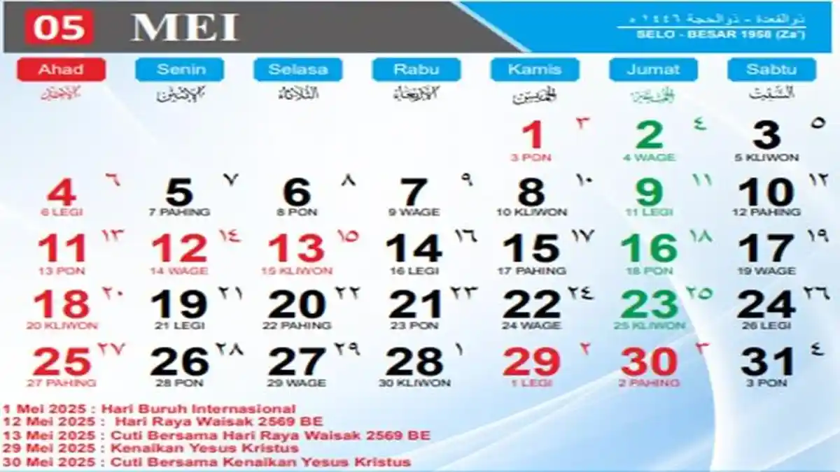 Kalender Bulan Mei 2025, Lengkap Hari Besar Nasional Hingga Daftar Hari ...