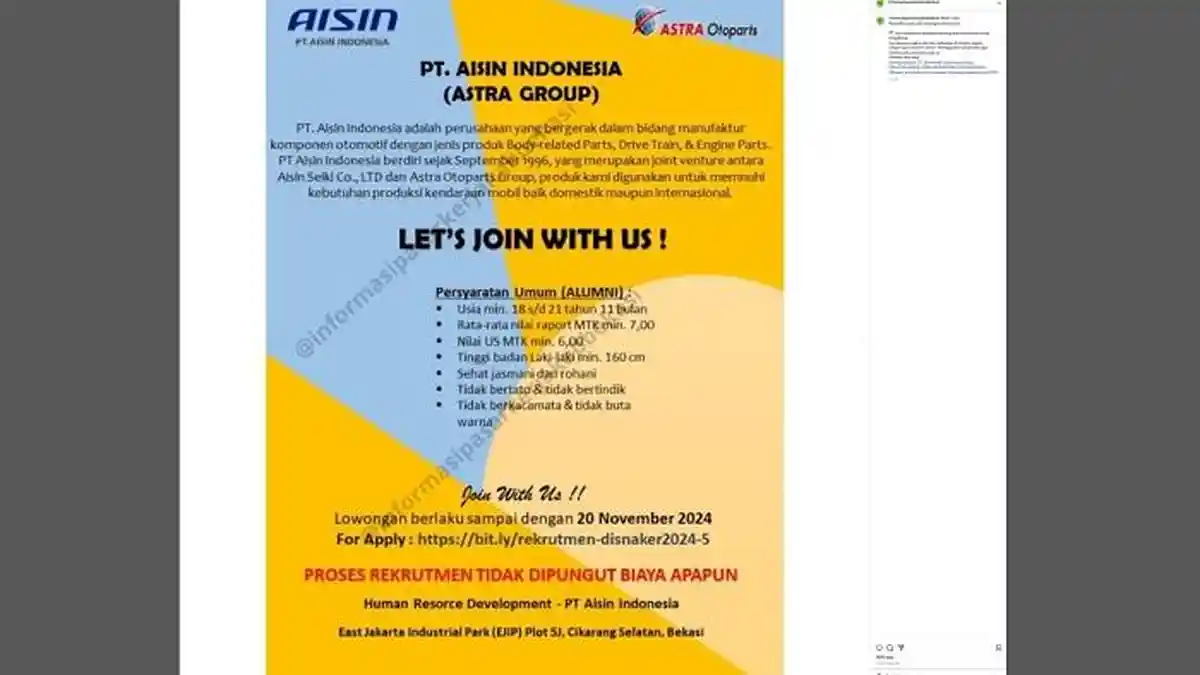 Lowongan Kerja Bekasi: PT Aisin Indonesia Buka Lowongan untuk Lulusan ...