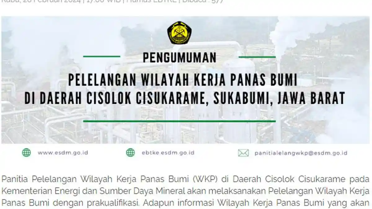 Syarat Ikut Pelelangan Wilayah Kerja Panas Bumi Cisolok Sukabumi, Ini 5 ...