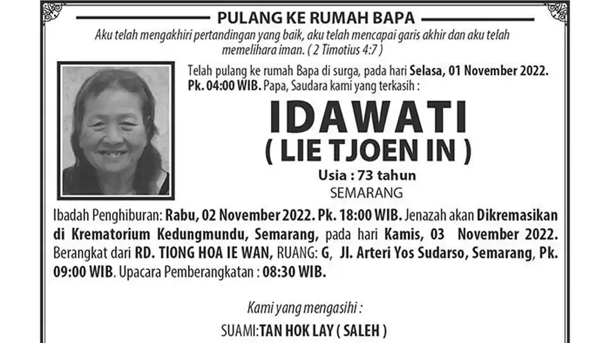 Berita Duka, Idawati (Lie Tjoen In) Meninggal Dunia di Semarang ...