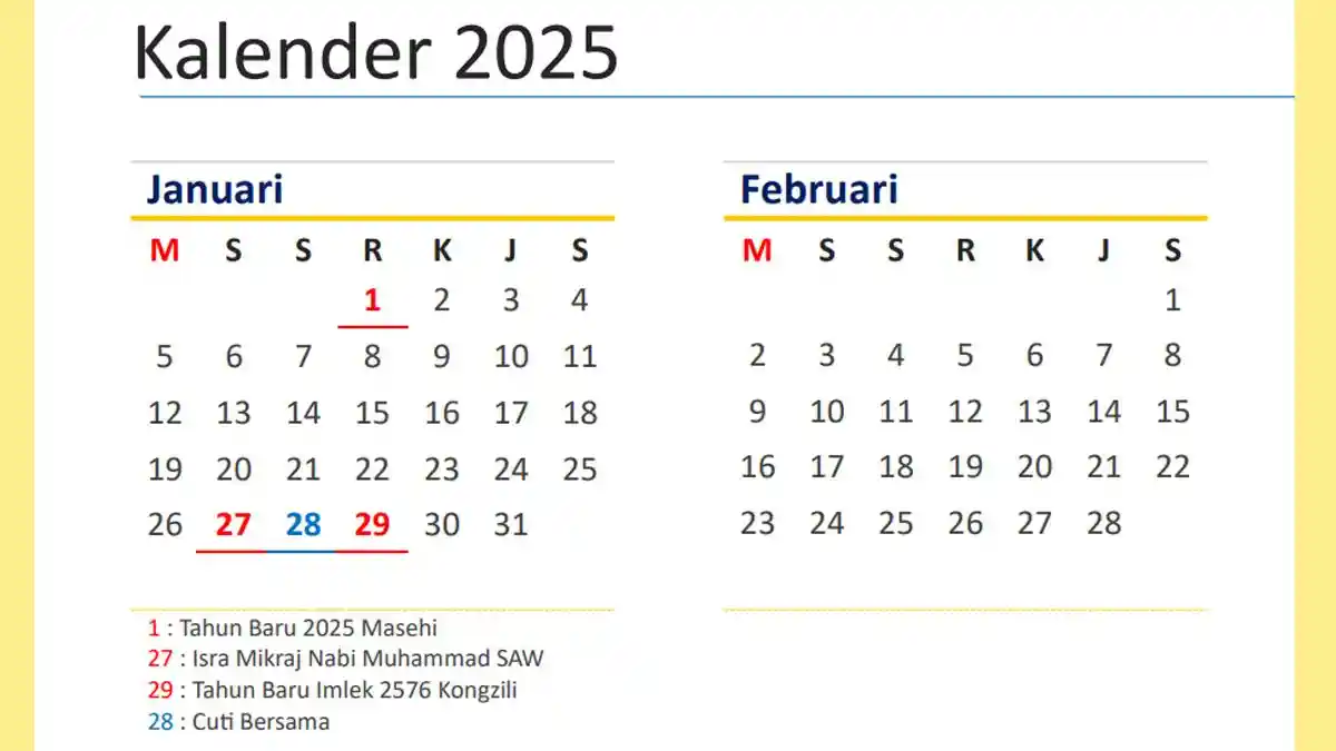 Kalender Januari 2025 Lengkap dengan Tanggal Merah, Hari Besar Beserta ...