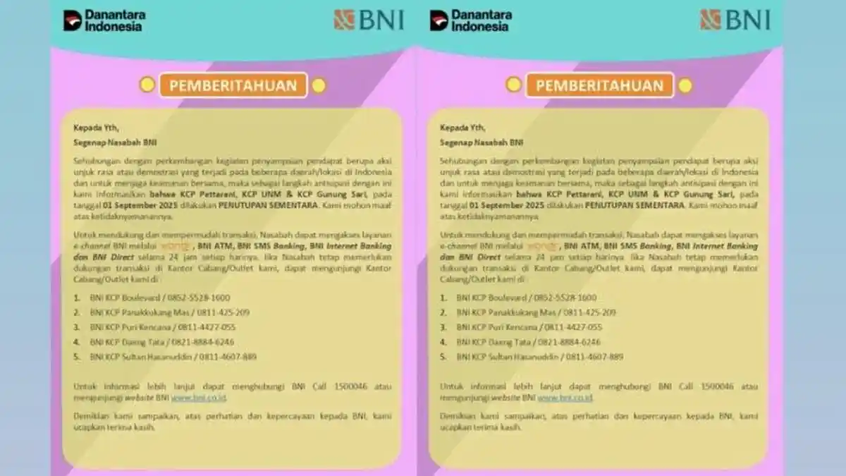 Antisipasi Demo Makassar! BNI Tutup Sementara KCP Pettarani, UNM, dan ...