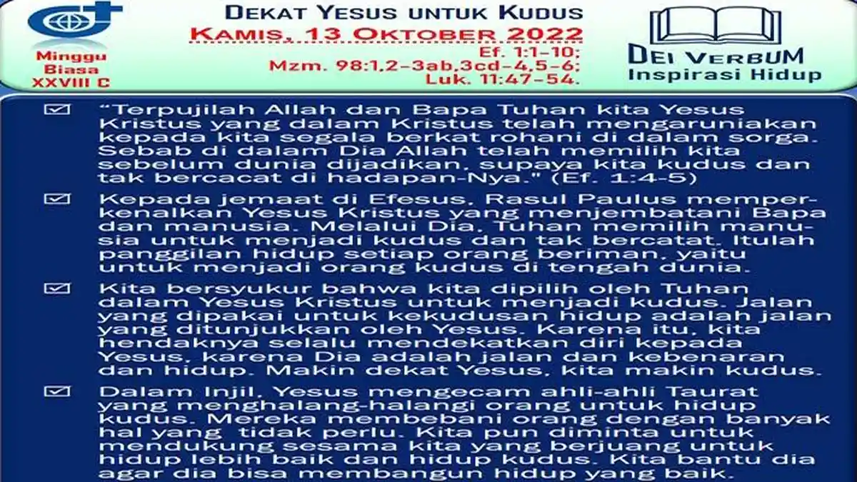 Kalender Liturgi Katolik Kamis 20 Oktober 2022, Lengkap Bacaan Injil ...
