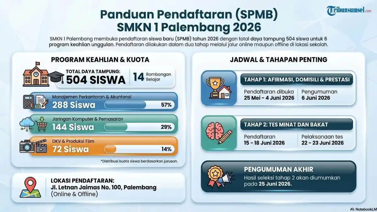 SPMB SMKN 1 Palembang 2026/2027 Jalur Afirmasi Mulai Dibuka 25 Mei ...