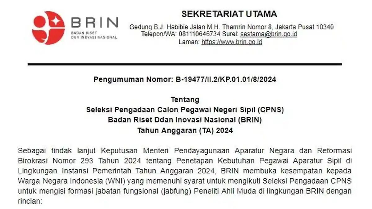 Rincian Formasi CPNS 2024 BRIN Beserta Link Unduh PDF, Tersedia 500 ...