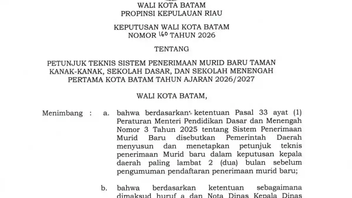 Pemko Batam Tetapkan Juknis SPMB 2026/2027, Sekolah Negeri Gratis ...